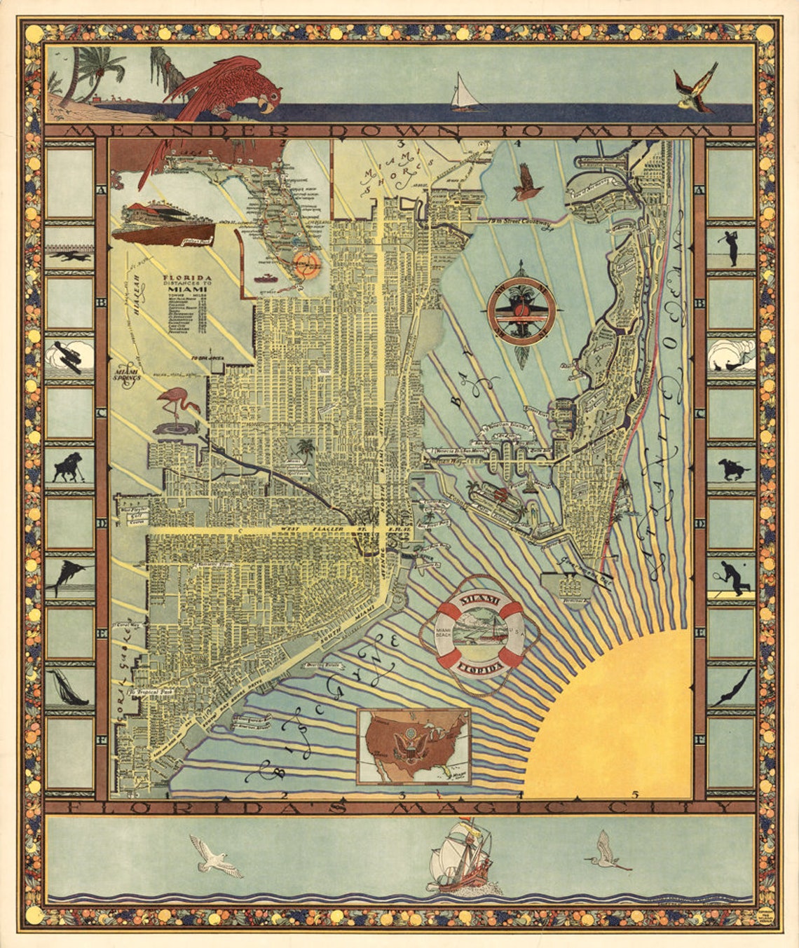 Old Map of Miami, Large Decorative Miami Map, Retro Design Map Poster ...