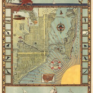 Old Map of Miami, Large Decorative Miami Map, Retro Design Map Poster ...
