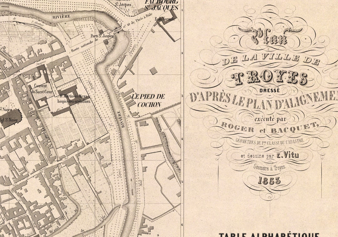Antique Map of Troyes Old City Plan Large Detailed Map of - Etsy