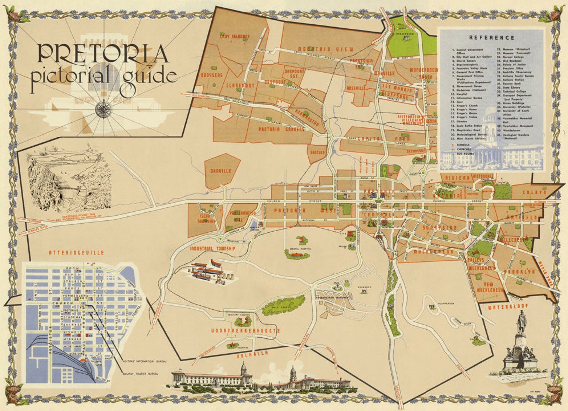 Pretoria Vintage Map - Pictorial Map of Pretoria, Print on Paper or ...