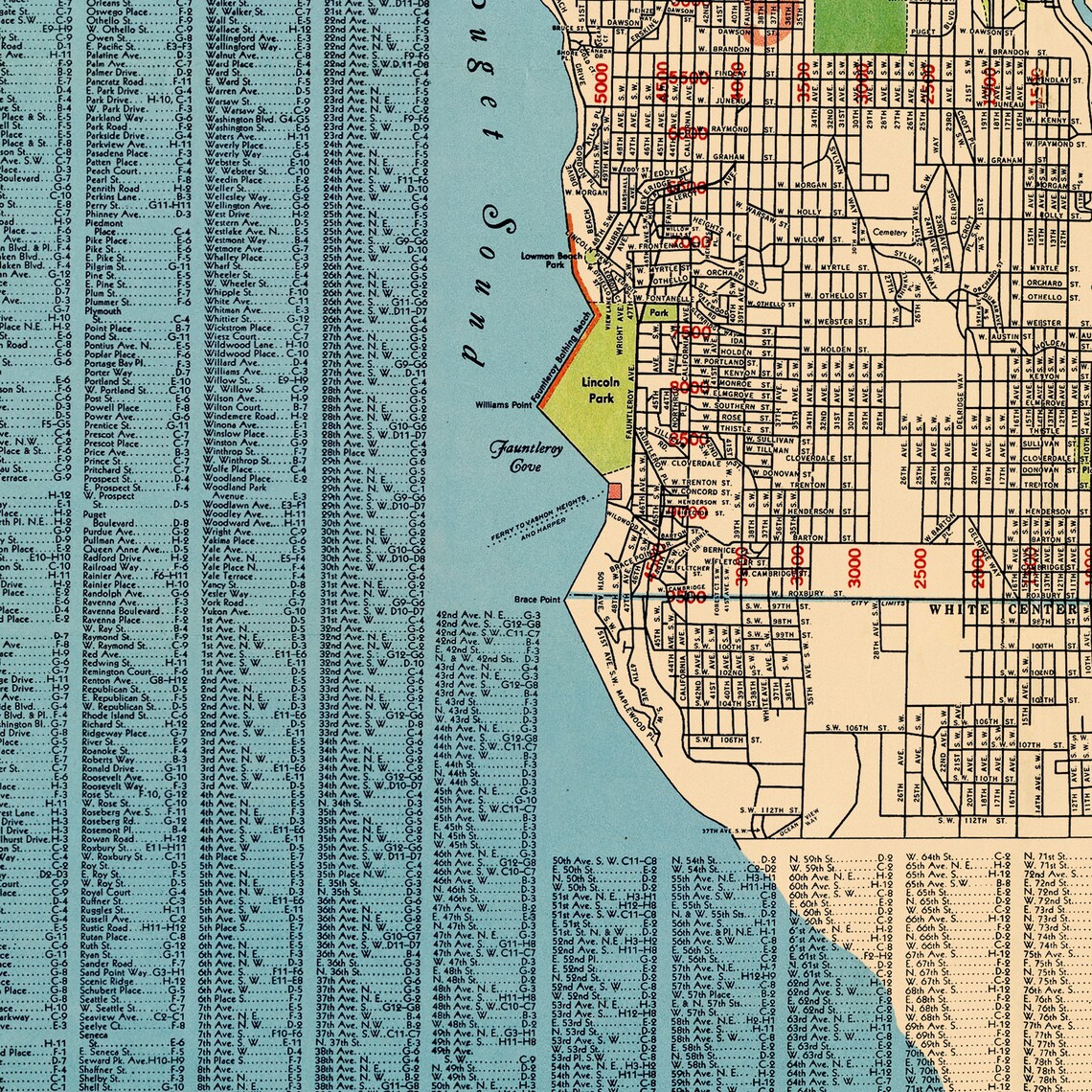 Seattle Vintage Street Map From 1947 | Middle Century Old Street Guide ...