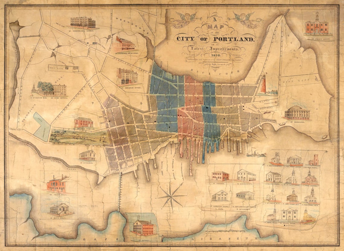 Antique Map of Portland - Restored Historical Map, Large Portland Map ...