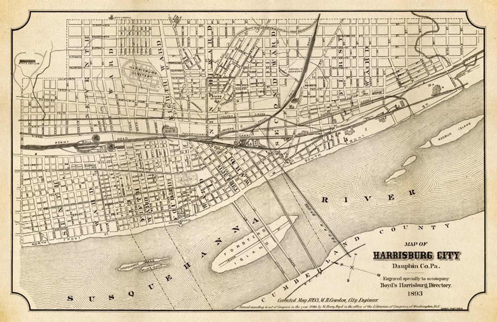 Old Map of Harrisburg Historical Map in Sepia Tones Fine - Etsy