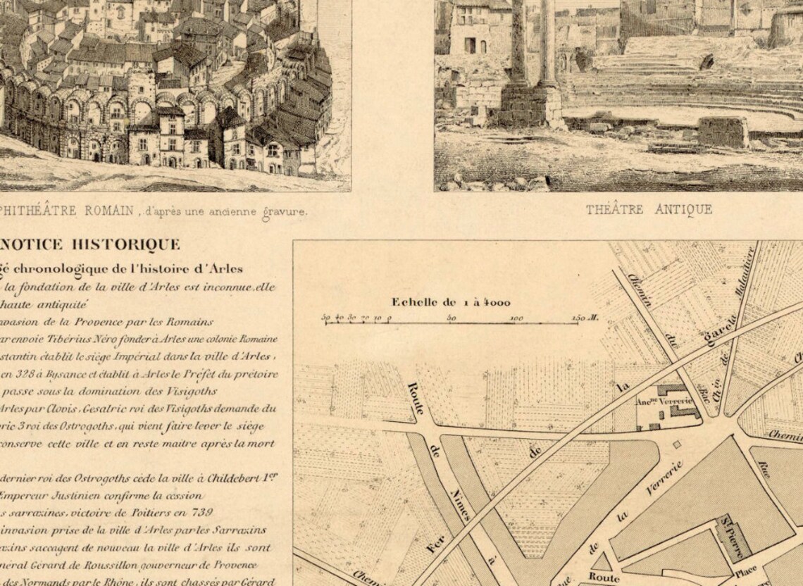 Arles Map - Vintage Style Map of Arles, Illustrated Old City Plan With ...