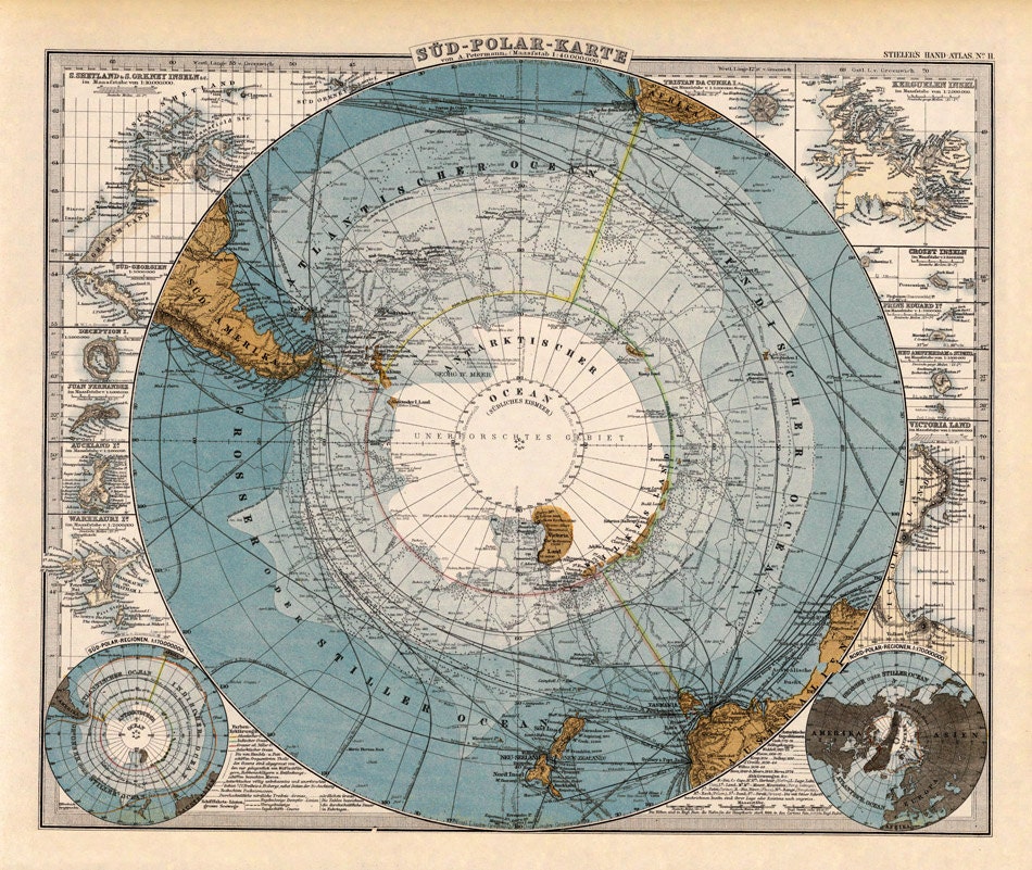 Old map of South Pole - Antarctica map - Giclee fine print on fine ...
