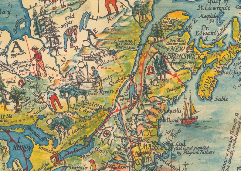 North America Map - Pictorial Map of America - Large Map Archival Print ...