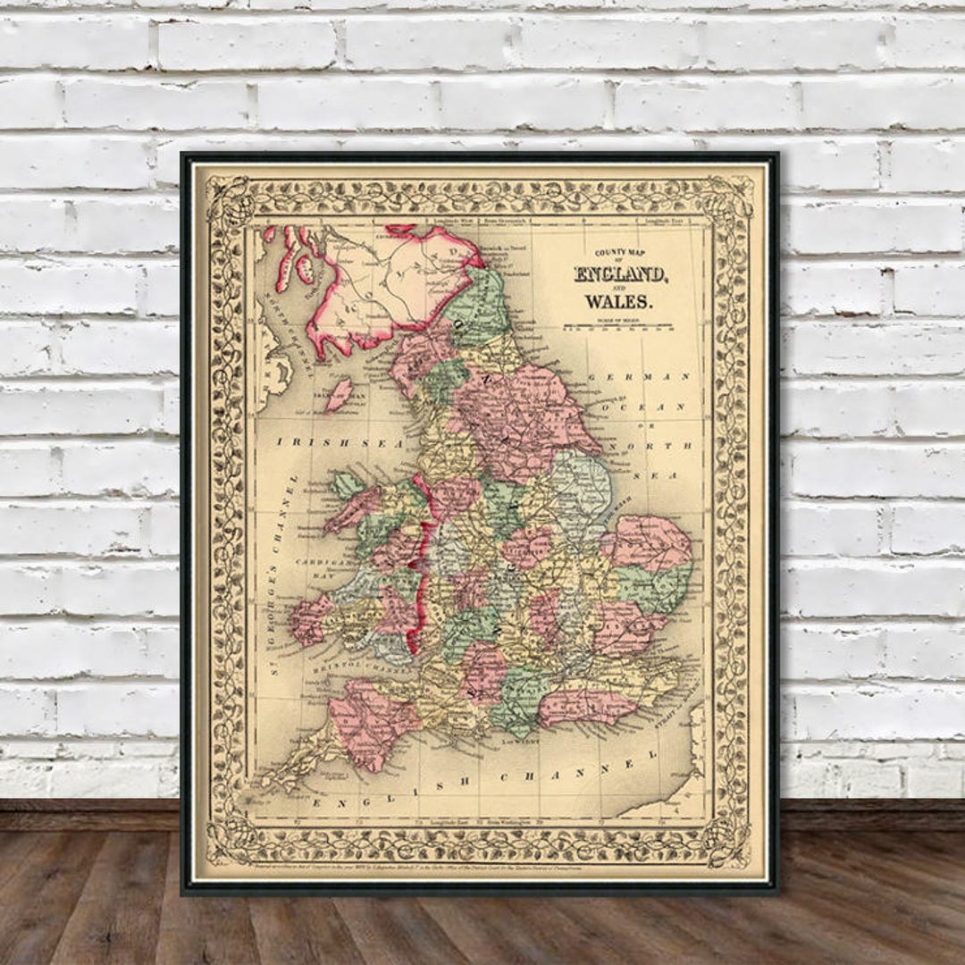 Vintage Map of England and Wales - Historic Map - Archival Reproduction ...