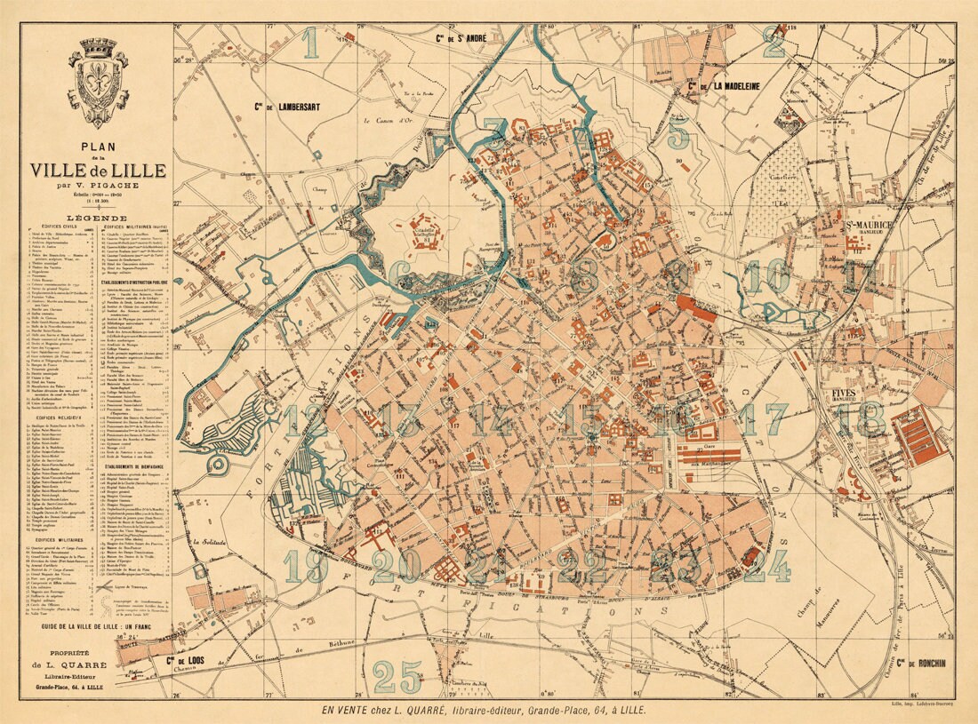 Mapa de Lille Mapa antiguo de Lille de 1892 plano de ciudad - Etsy México