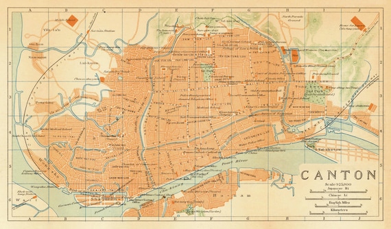 Old Map Of Guangzhou China Canton Map Guangzhou Map Old Map Print