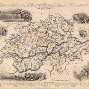Old Map of Switzerland, Swiss Confederation Historical Map From 1851 ...