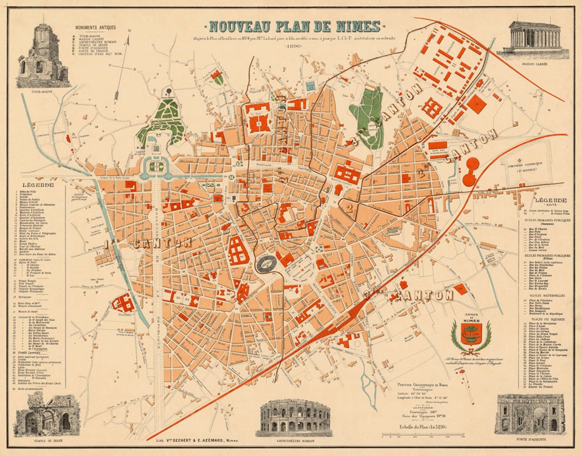 Nimes Map Plan De Nimes Giclee Fine Print on Paper or | Etsy
