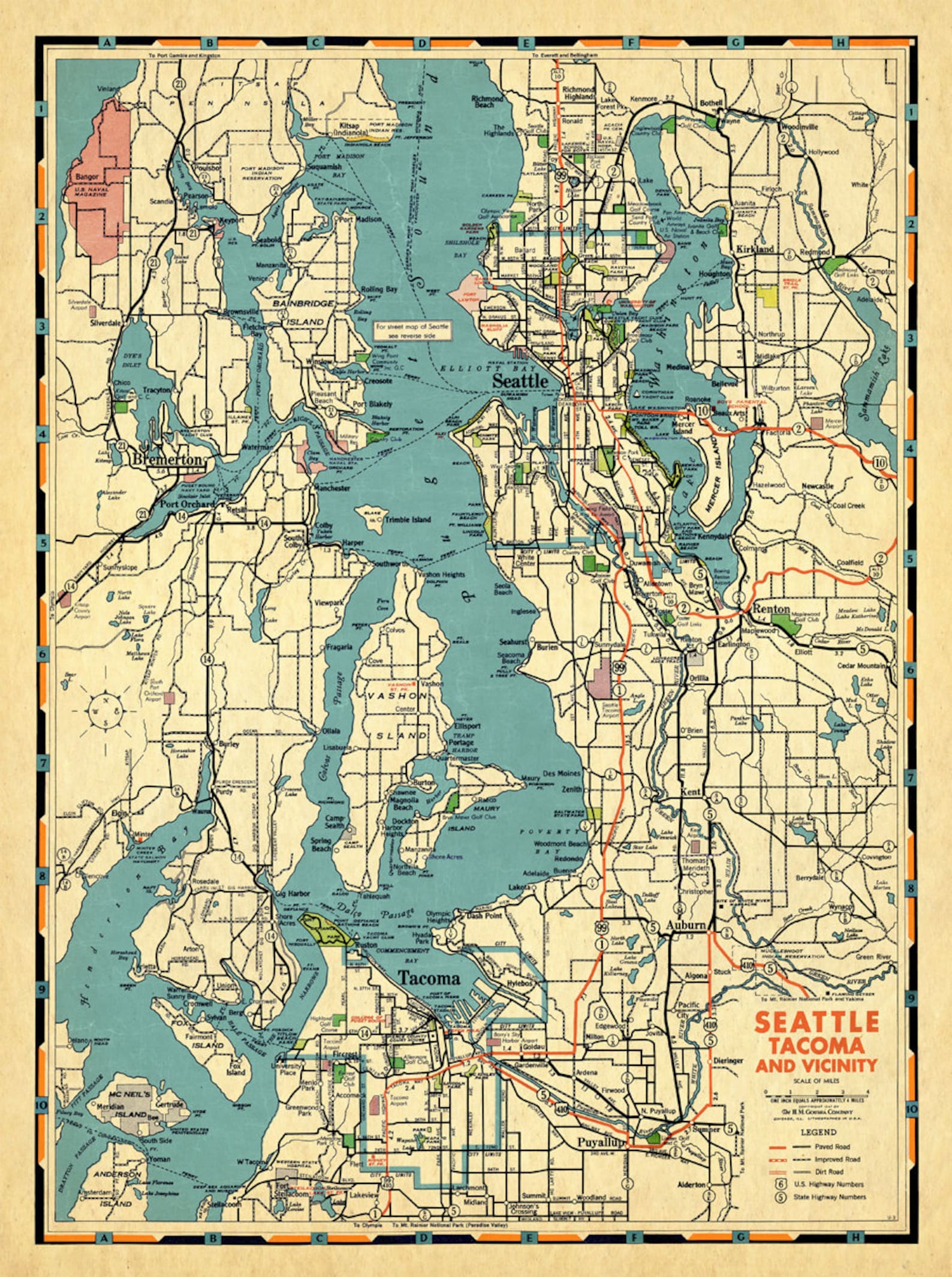 Puget Sound Map From 1947, Seattle, Tacoma, Bremerton, Middle Century ...