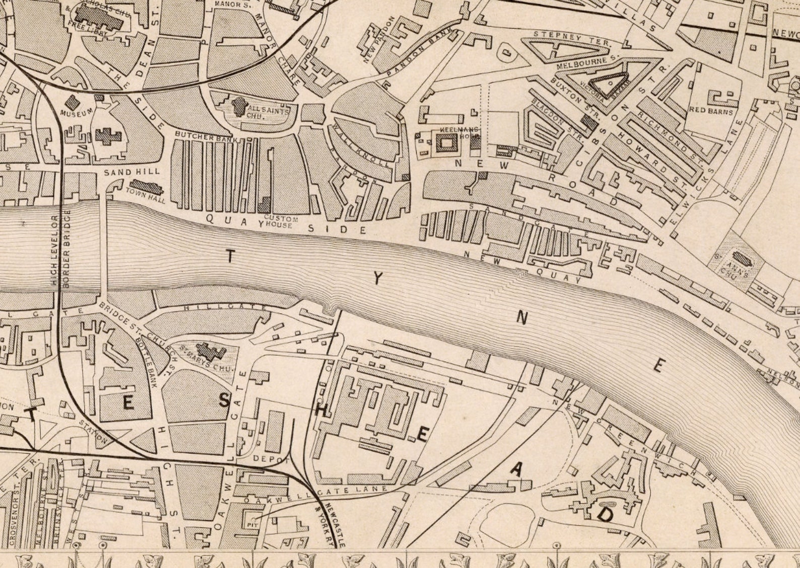Old Map of Newcastle on Tyne, Historical Map Restored, Old City Plan of ...