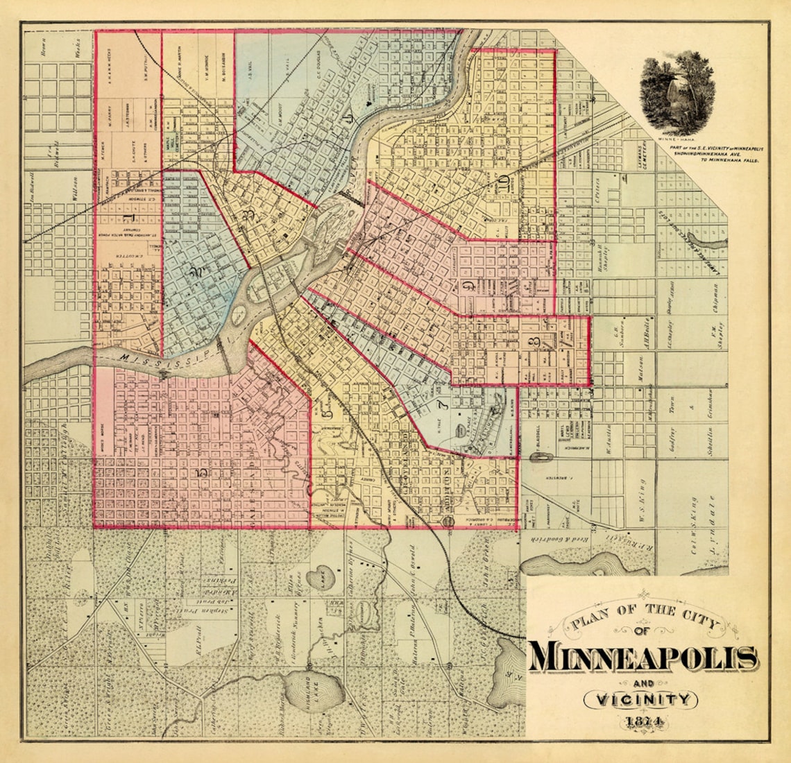 Minneapolis map Old map of Minneapolis and surroundings | Etsy
