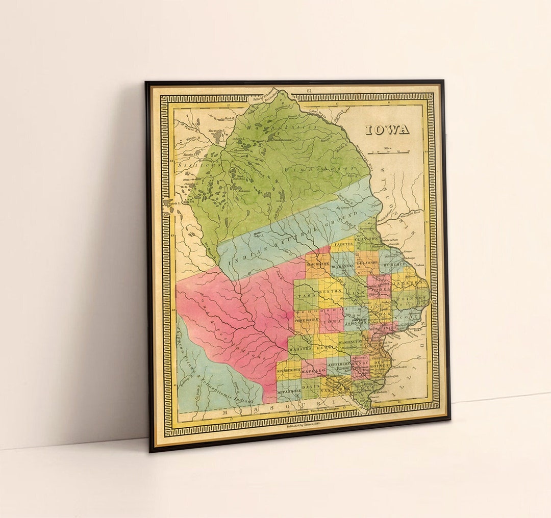 Iowa Map, Old Map of Iowa, the Hawkeye State, Wall Map for House ...