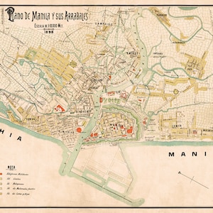 Manila Map - Vintage Map of Manila and Suburbs - Fine Print - Old Map ...