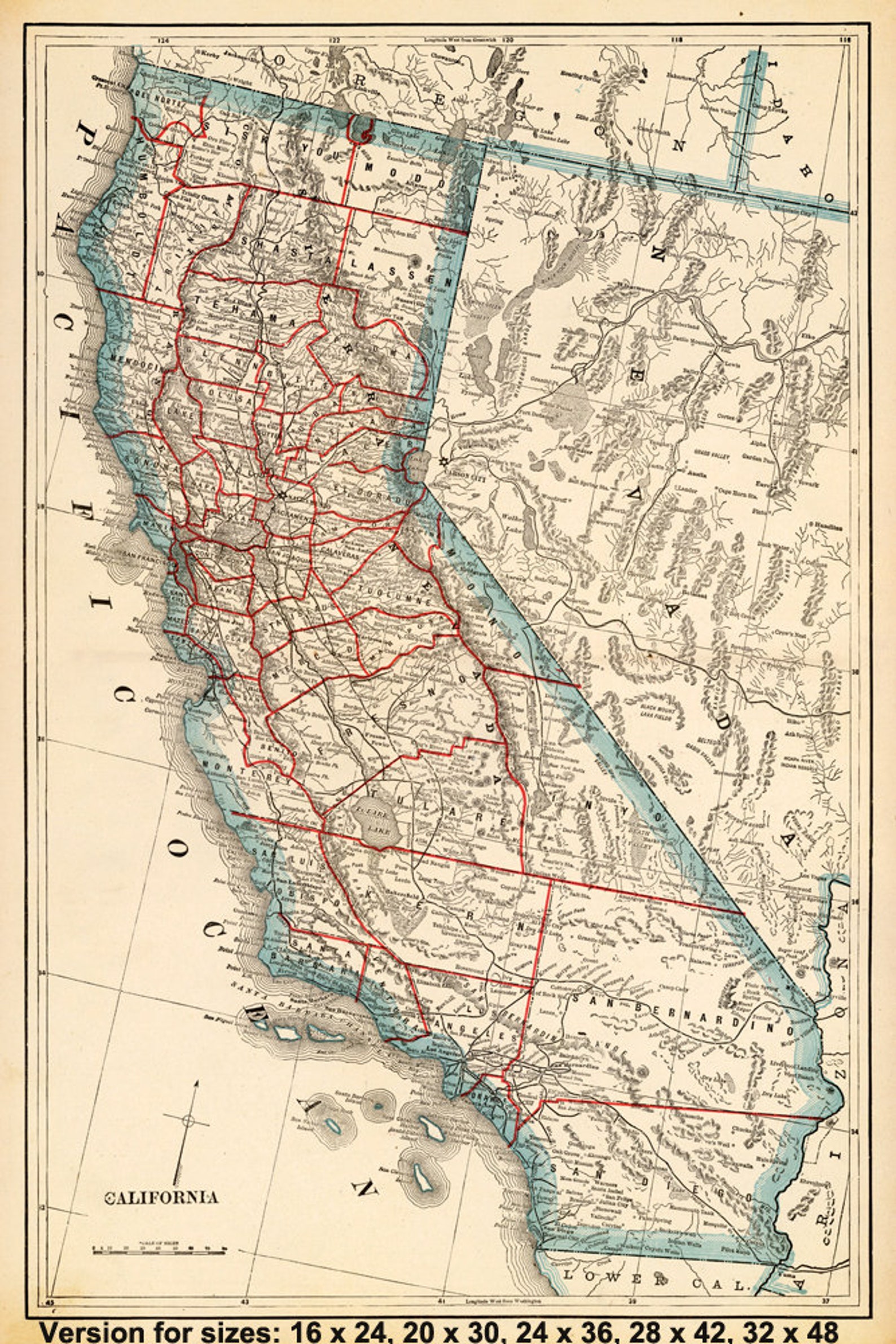 California Map Large Map of California Wall Map Printed on - Etsy