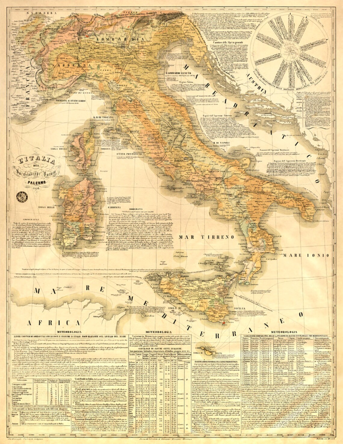 Marvelous Old Map of Italy - Large Map From 1856, Archival Print, Italy ...