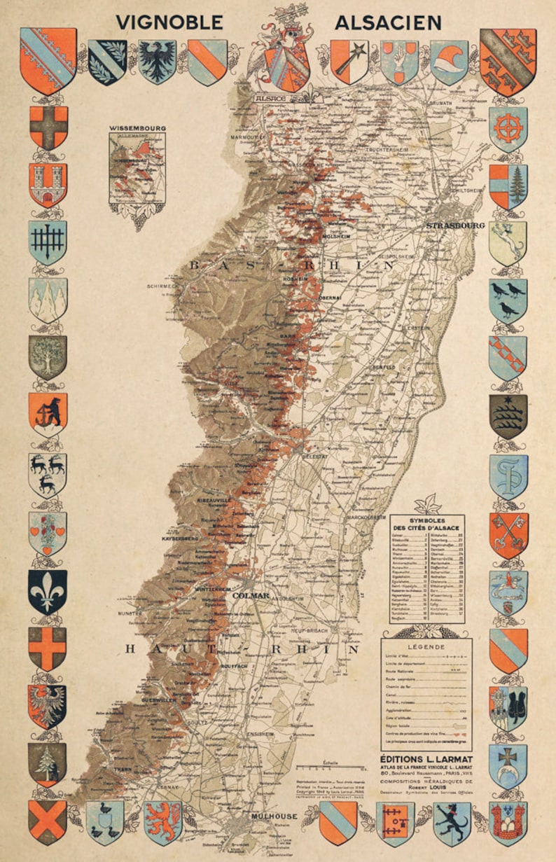 Alsace Vineyards - Wine Map of Alsace - Vignoble D'alsace - Vintage Map ...