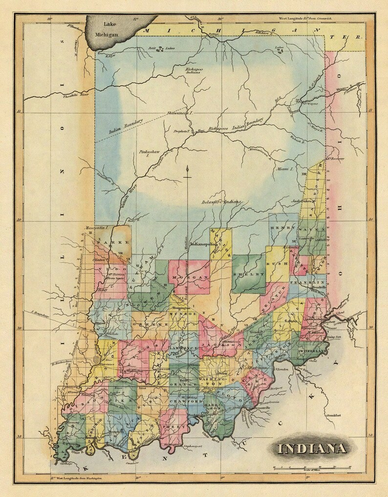 Indiana Map Old Map of Indiana Archival Print on Paper or - Etsy
