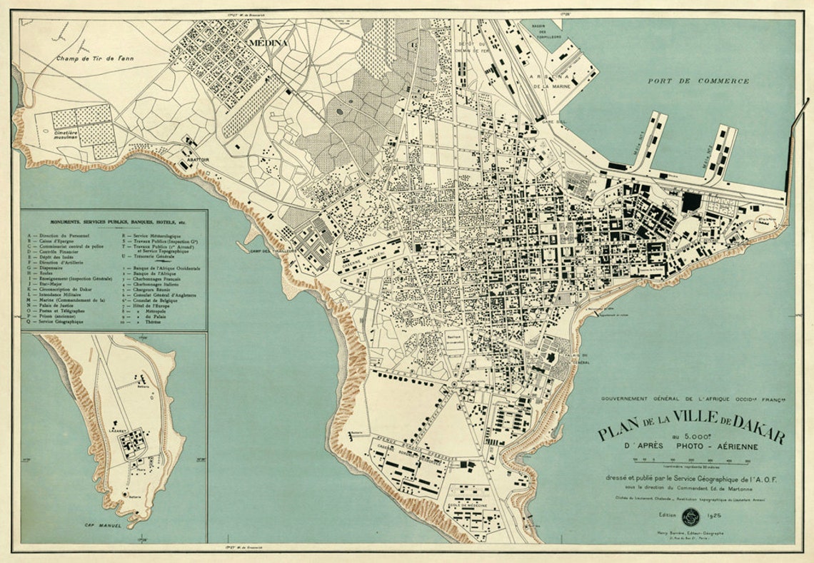 Dakar Map - Old Map of Dakar Reproduction - Archival Print on Paper or ...