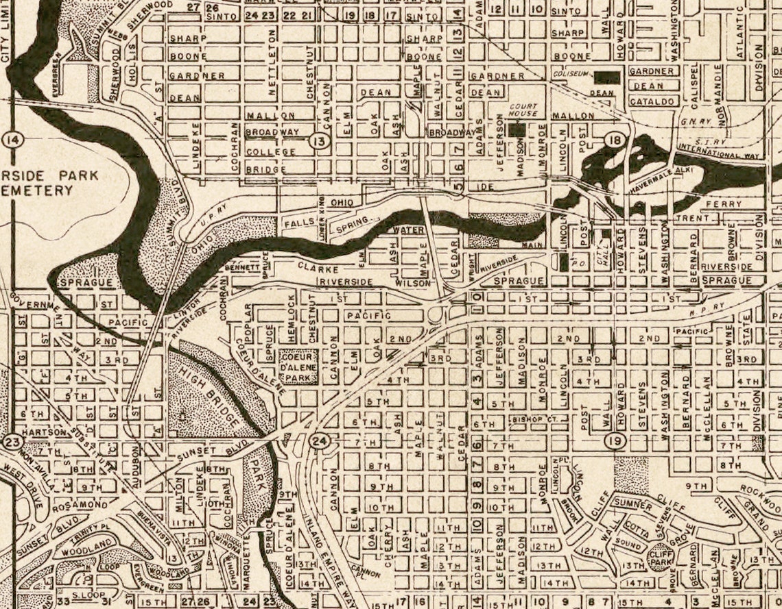 Spokane Map Vintage Map Of Spokane City Map Print On Paper Etsy