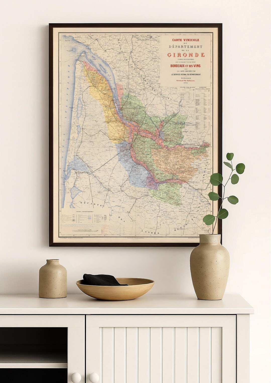Vintage Wine Map of Bordeaux | 1895 Gironde DOC/DOCG Regions | French ...