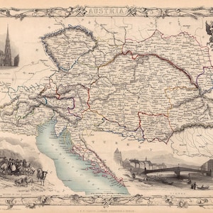 Austria Old Map, Decorative Wall Map With Illustrations, Art Print ...