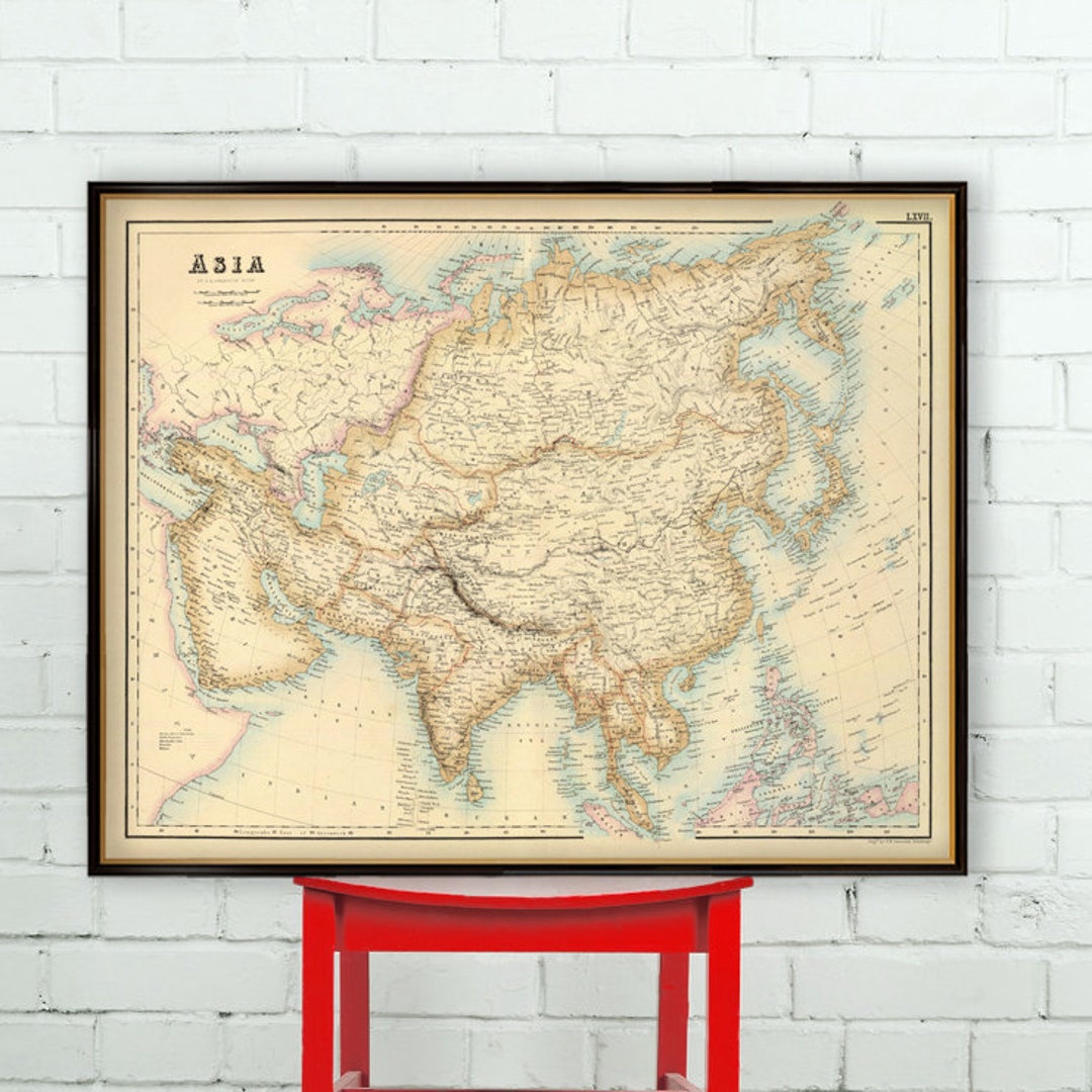 Asia Map - Archival Print - Large Wall Map of Asia - Vintage Map ...