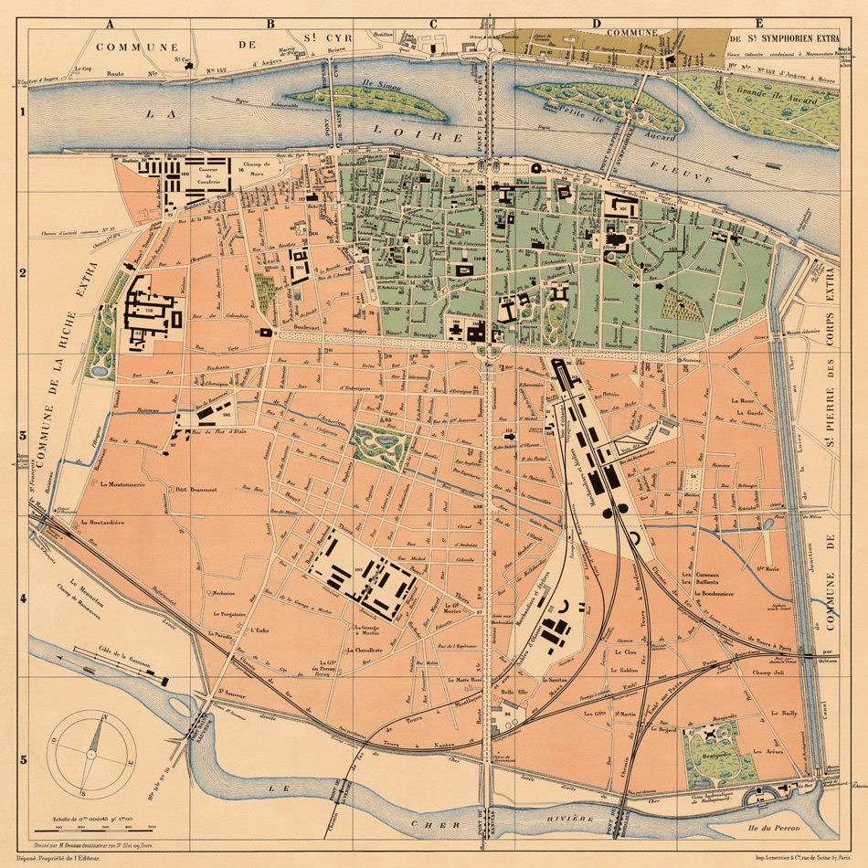 Mapa antiguo de Tours Vieille Carte de Tours letra pequeña | Etsy