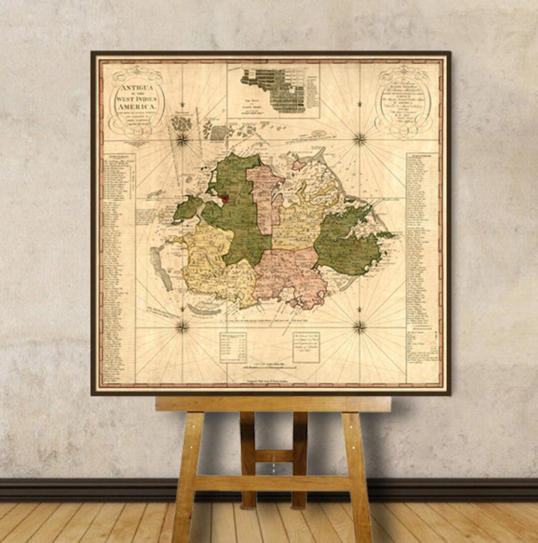 Old Map of Antigua Antique Map Restored, Fine Print on Paper or Canvas ...