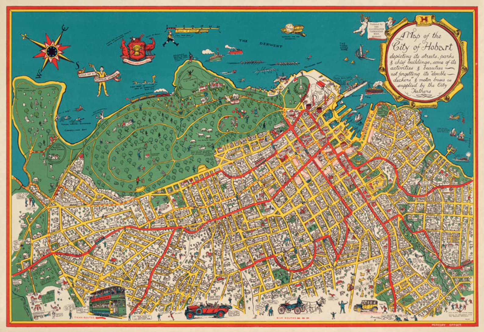 Vintage Map of Hobart Old City Map Restored, Pictorial Hobart, Fine ...