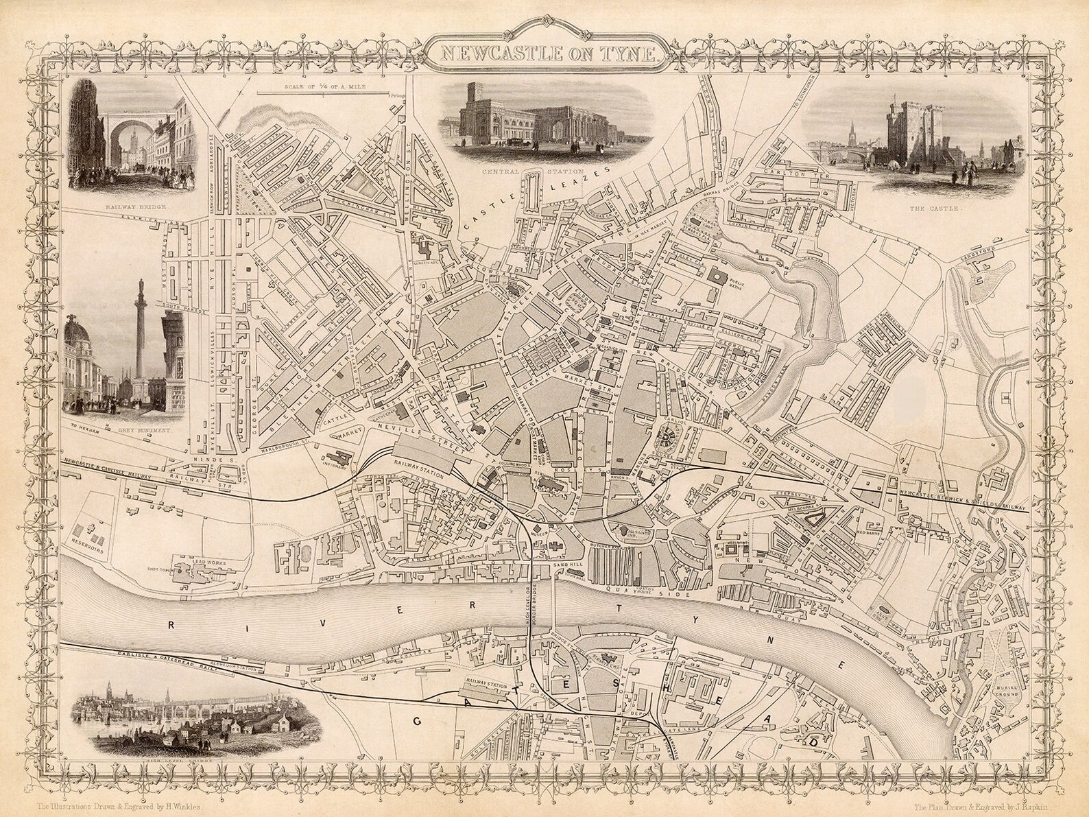 Old Map of Newcastle on Tyne, Historical Map Restored, Old City Plan of ...