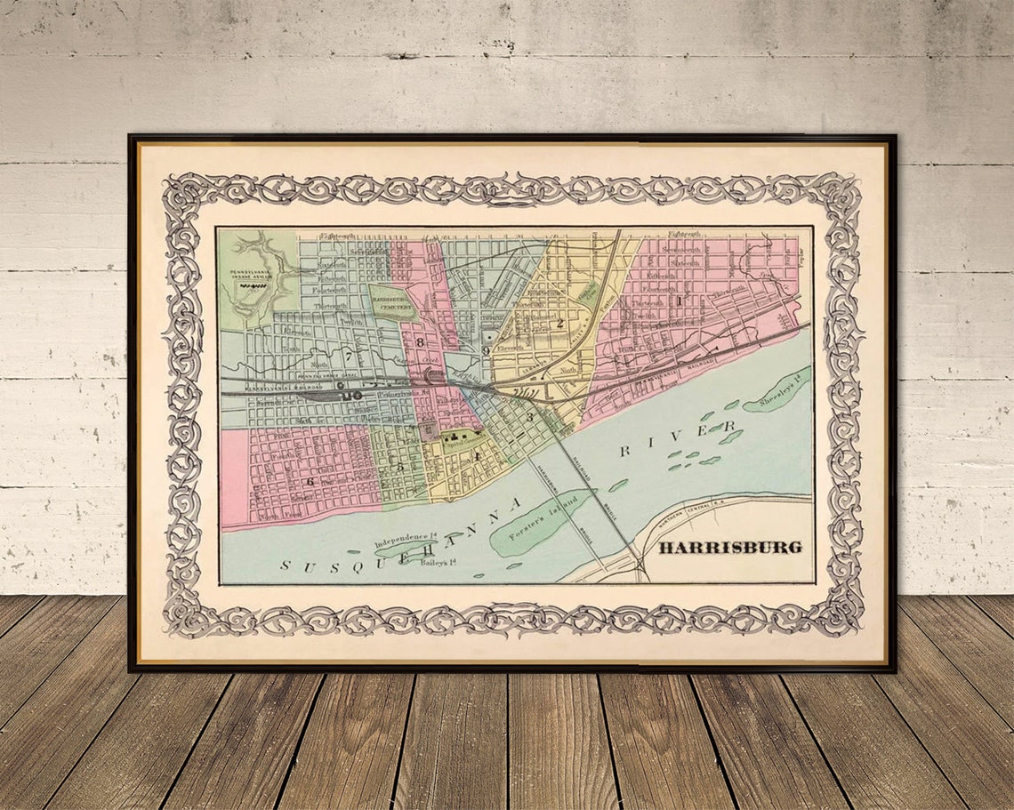 Harrisburg Map Antique Harrisburg pennsylvania City Map | Etsy