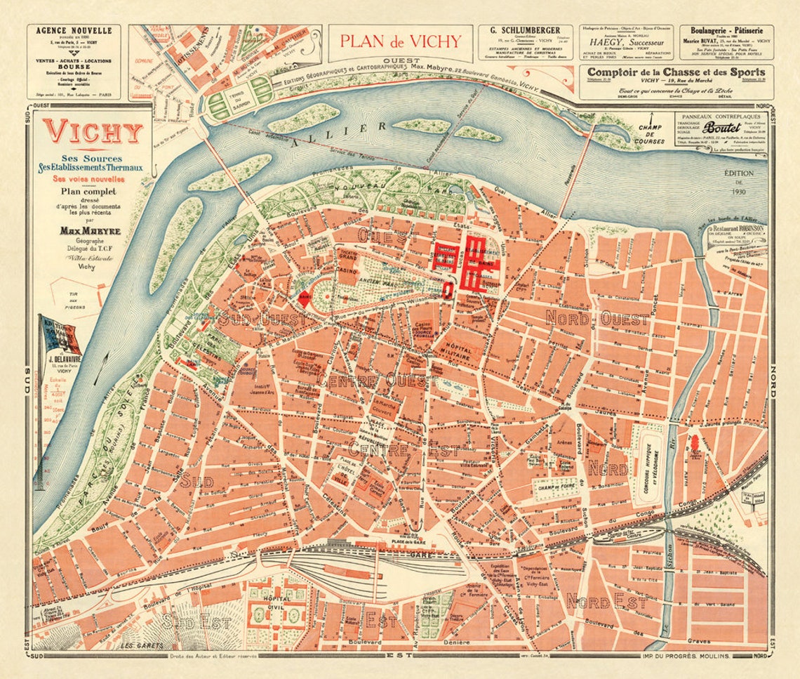 Vintage Map of Vichy Old Plan From 1930 Historical French - Etsy