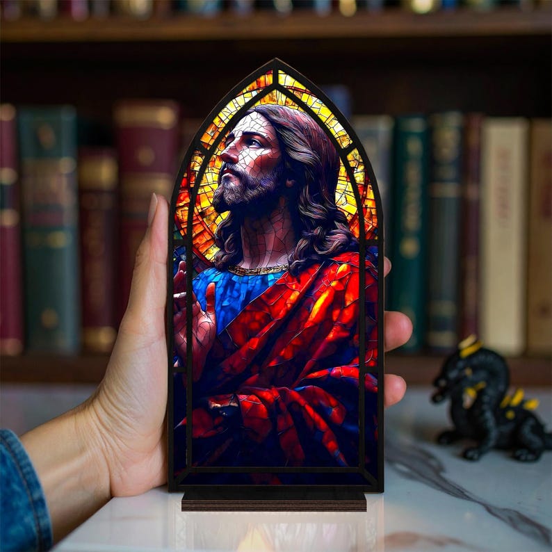 Jesus Stained Glass Effect Book Nook, Religious Bookshelf Decor - Etsy