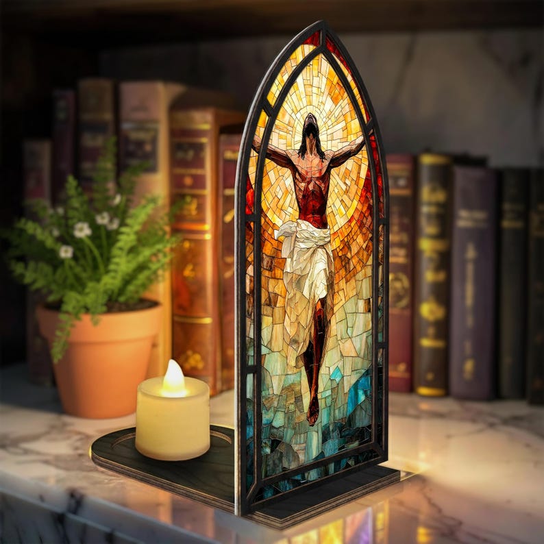 Jesus Crucifix Stained Glass Book Nook, Christ on the Cross Bookshelf ...