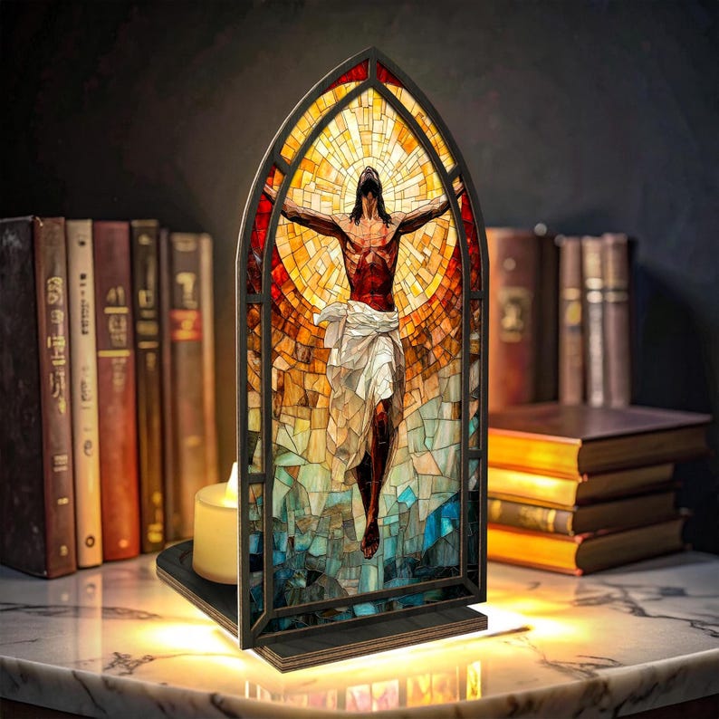 Jesus Crucifix Stained Glass Book Nook, Christ on the Cross Bookshelf ...