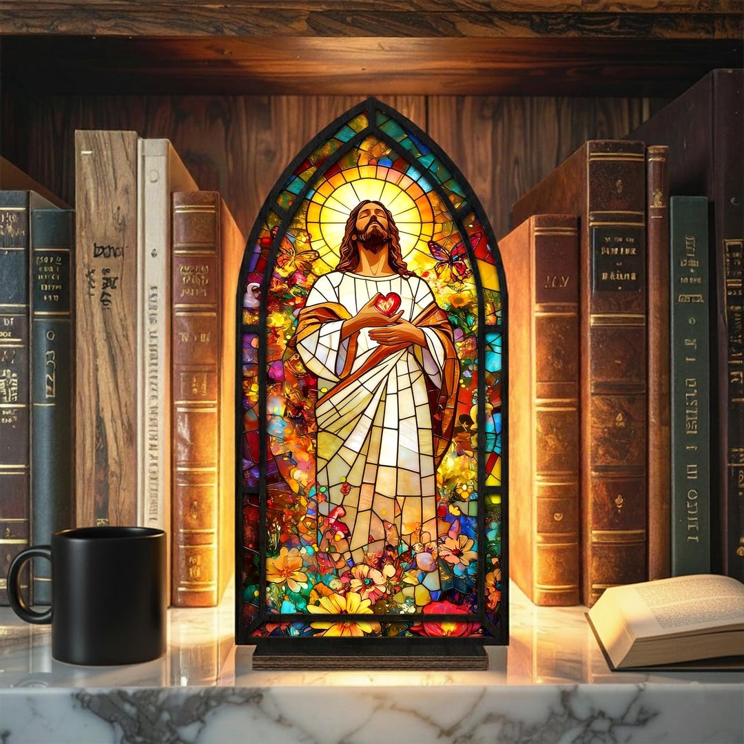 Sacred Heart Stained Glass Effect Book Nook, Christian Bookshelf Decor ...