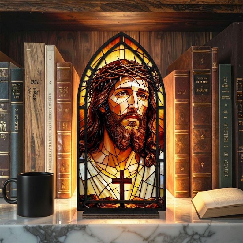 Jesus Stained Glass Book Nook Insert, Religious Bookshelf Decor ...