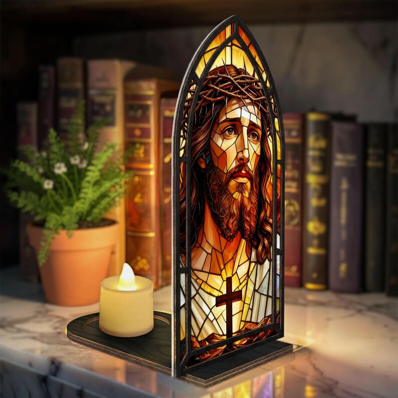Jesus Stained Glass Book Nook Insert, Religious Bookshelf Decor ...