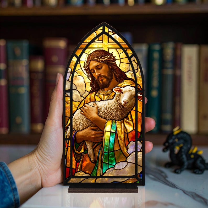 Jesus the Good Shepherd Book Nook, Faux Stained Glass, Christian Gift ...