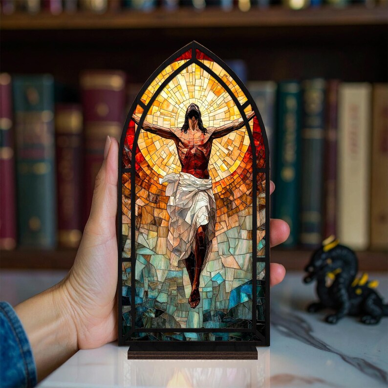 Jesus Crucifix Stained Glass Book Nook, Christ on the Cross Bookshelf ...