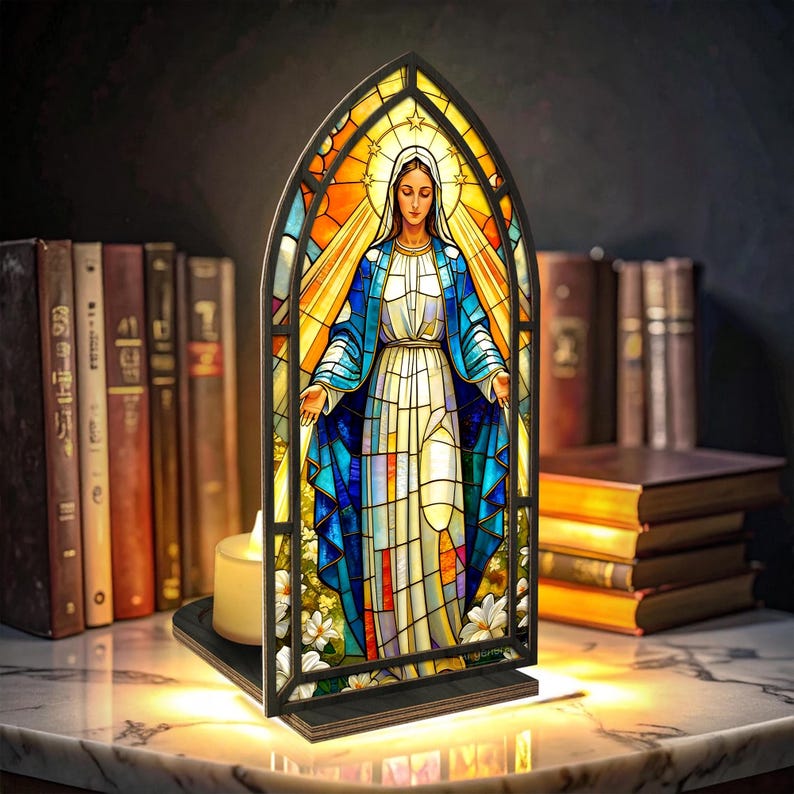 Virgin Mary Stained Glass Book Nook, Blessed Mother Bookshelf Insert ...