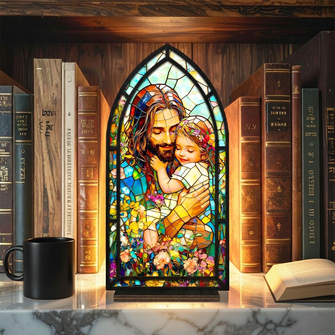 Stained Glass Style Book Nook, Jesus Holding Child, Christian Decor - Etsy