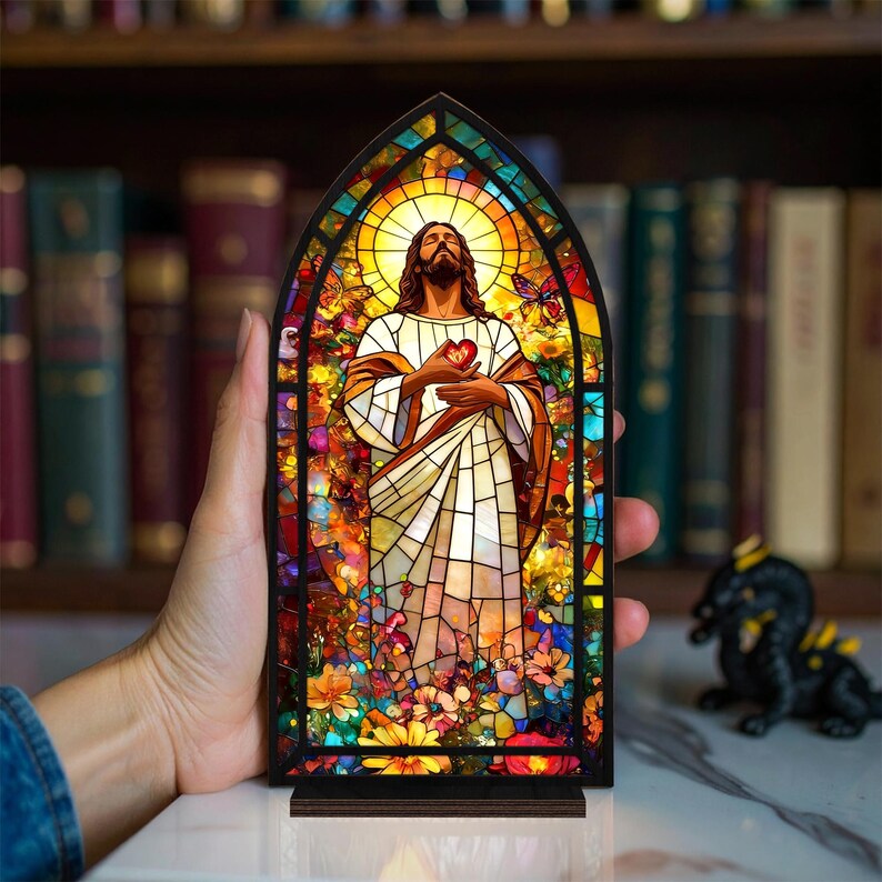 Sacred Heart Stained Glass Book Nook, Jesus Religious Bookshelf Insert ...