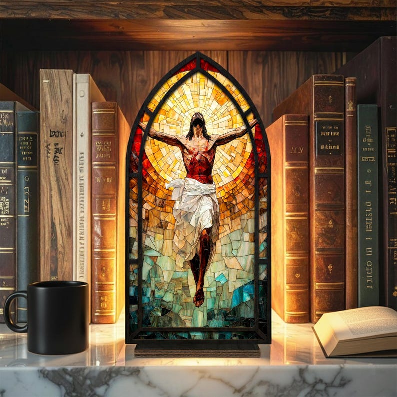 Jesus Crucifix Stained Glass Book Nook, Christ on the Cross Bookshelf ...