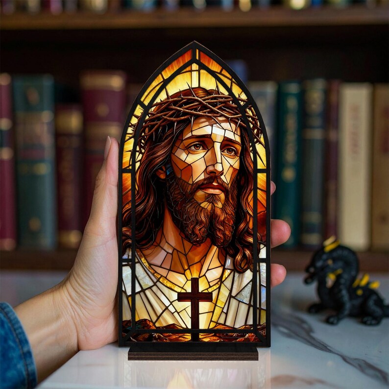 Jesus Stained Glass Book Nook Insert, Religious Bookshelf Decor ...