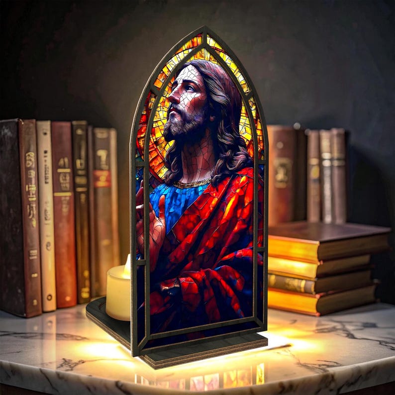 Jesus Stained Glass Effect Book Nook, Religious Bookshelf Decor - Etsy