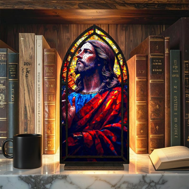 Jesus Stained Glass Effect Book Nook, Religious Bookshelf Decor - Etsy